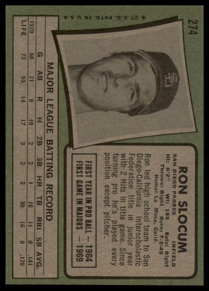1971 Topps Ron Slocum #274 Set break ExMint-NrMint | eBay
