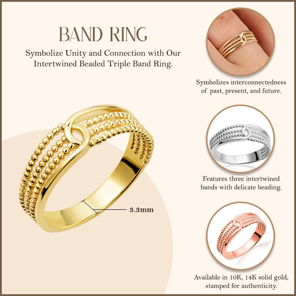 Gold Intertwined Beaded Triple Band Ring (Available in Yellow/Rose ...