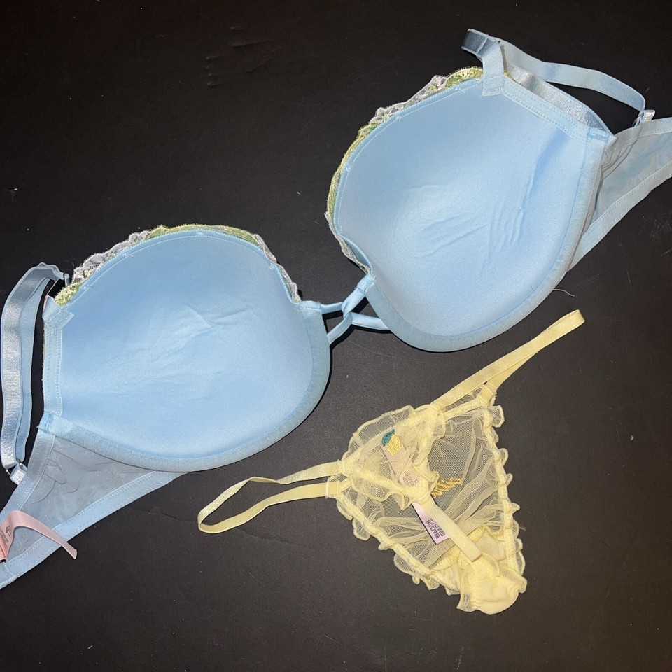 Victoria's Secret 32DDD BRA SET S thong BLUE YELLOW citron LEMON green ...
