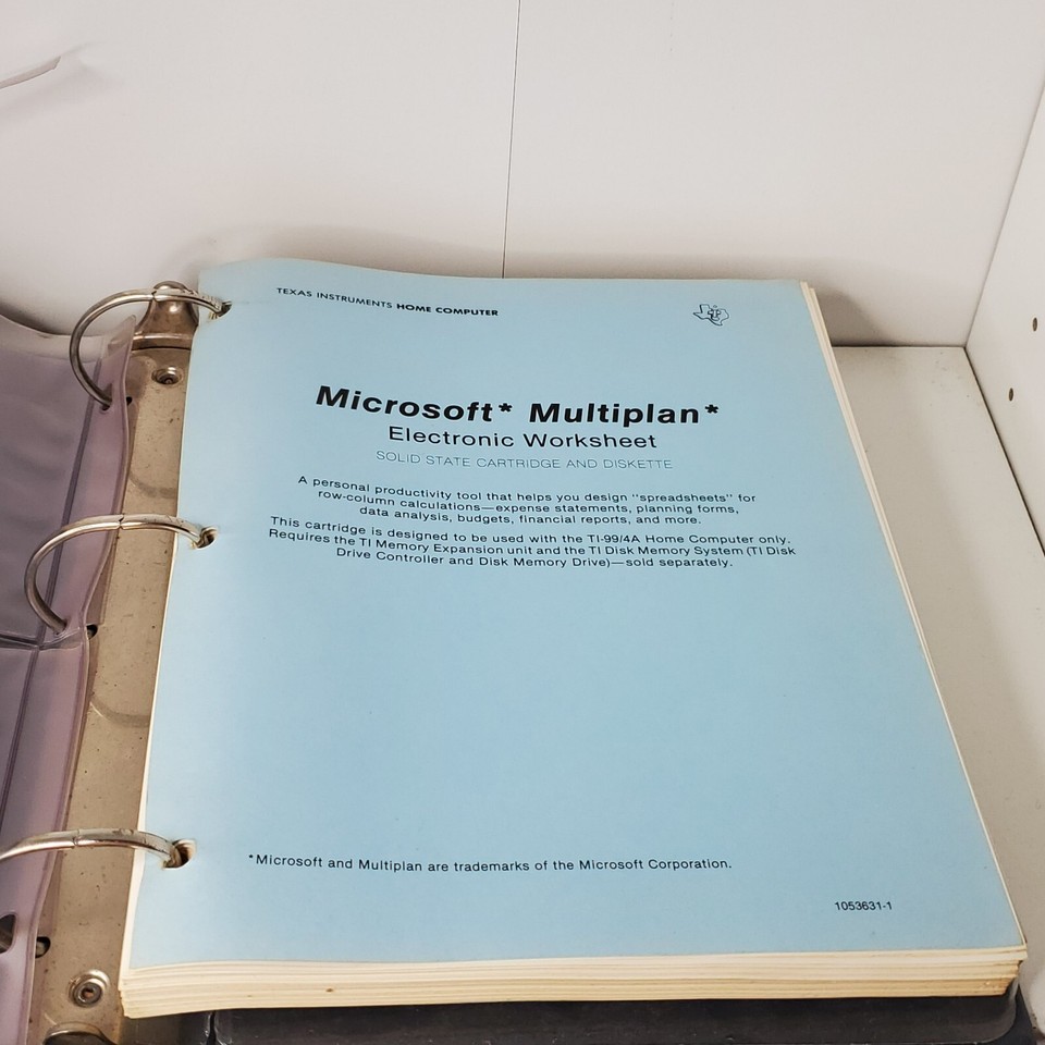 Microsoft Multiplan Original Binder Manual -TESTED Texas TI-99/4a ...