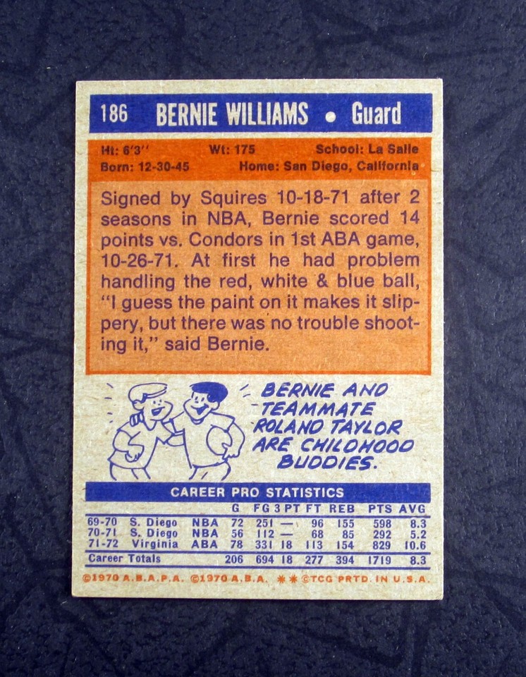 1972 TOPPS SET BREAK Bernie Williams #186 Virginia Squires EX | eBay