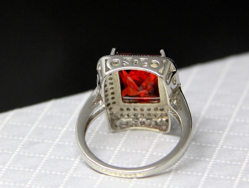 6 cwt. Red Garnet Square Ring made w Swarovski Crystal Rhodium Plated ...