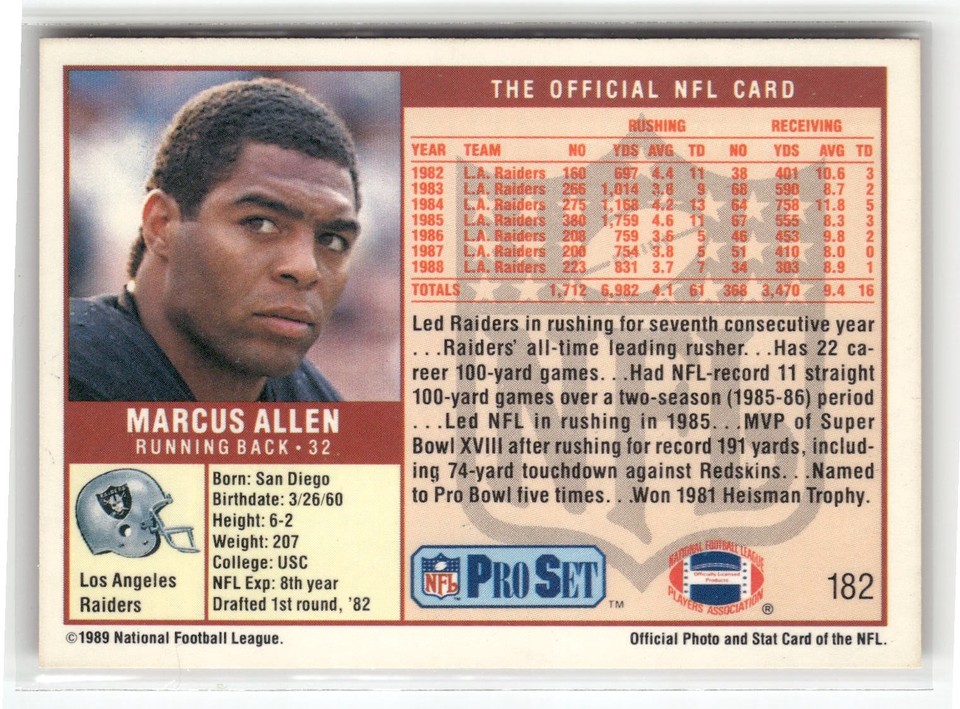 1989 Pro Set #182 Marcus Allen Los Angeles Raiders | eBay