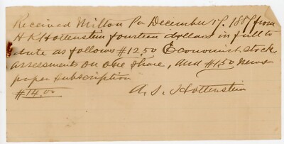 19th Century Handwritten Receipt Milton PA AS Hottenstein stock ...