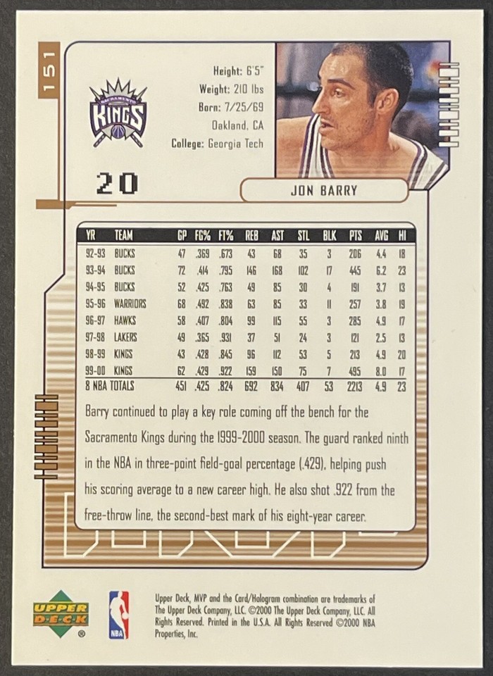 2000-01 Upper Deck MVP Sacramento Kings Basketball Card #151 Jon Barry ...