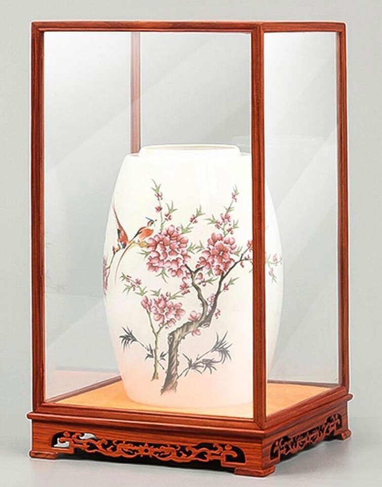 Rosewood Trim Base Display Case Transparent Glass Doll Art Jewelry Dust ...