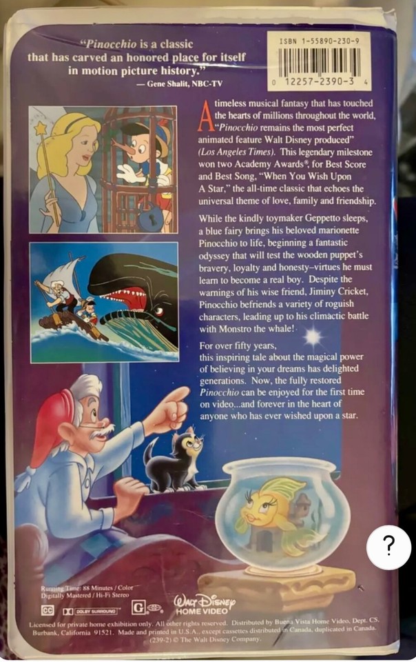 1993 WITH STICKER Good Walt Disney's Pinocchio VHS The Masterpiece ...