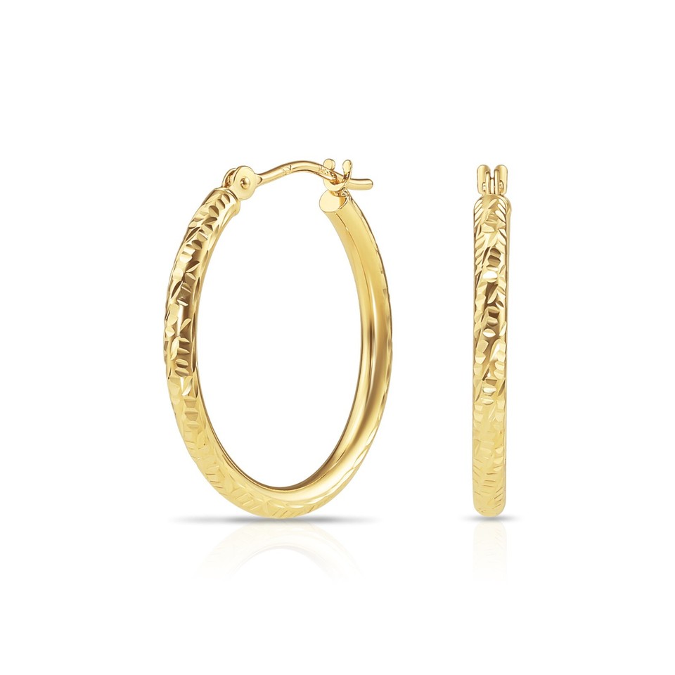 14K Real Solid Gold Hand Engraved Diamond-Cut Creole Hoops Earrings All ...