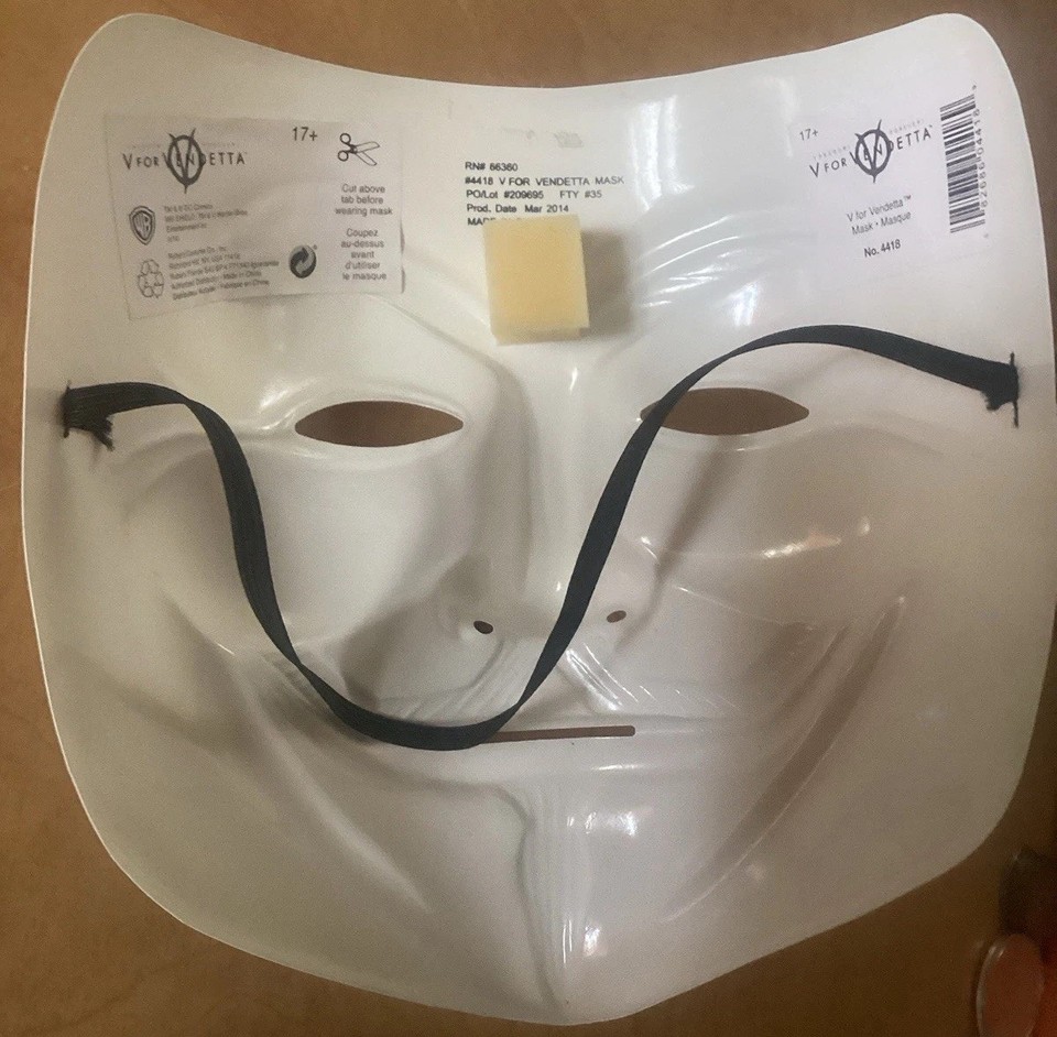 V FOR VENDETTA MASK GUY FAWKES WB LICENSED Anonymous Halloween Costume ...