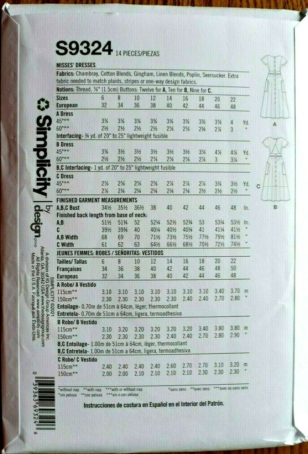 Simplicity S9324 Dress Pattern Inset Waist Patch Pockets Misses Size 14 ...