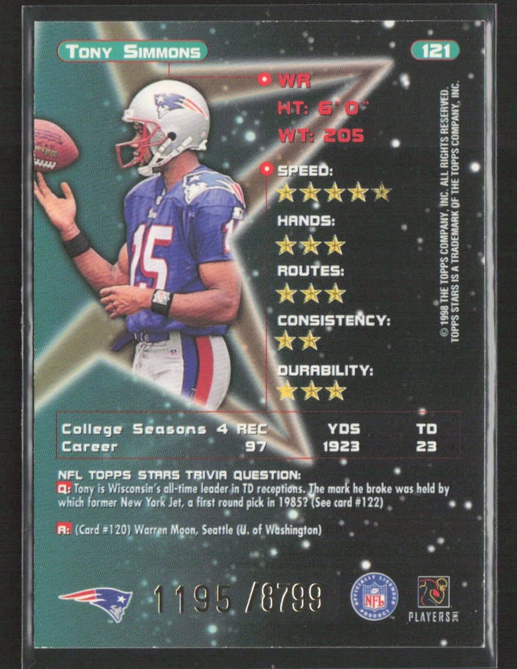 Tony Simmons 1998 Topps Stars #121 Bronze Star /8799 New England ...