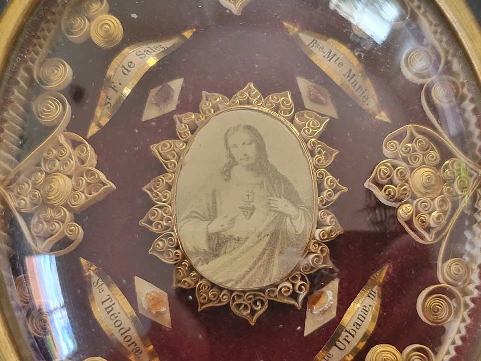 Antique wooden and glass relic pendant with 4 relics and papers | eBay