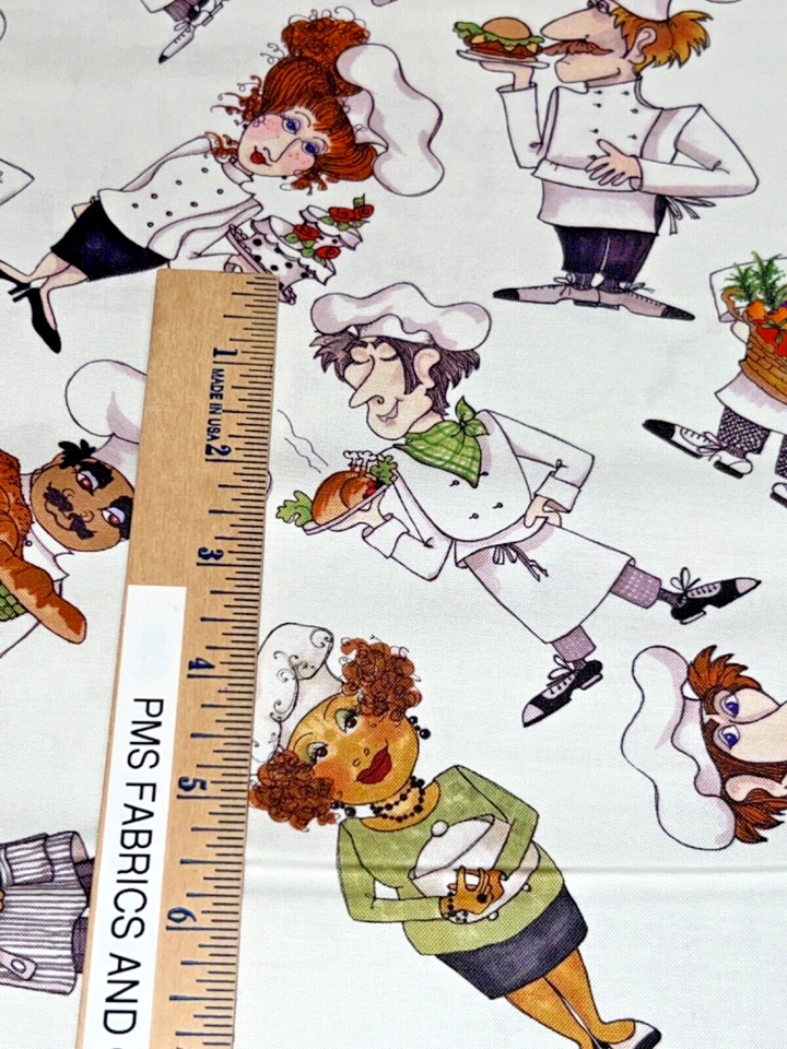 Loralie Happy Chef Tossed Chefs on White 100% cotton fabric by the yard ...