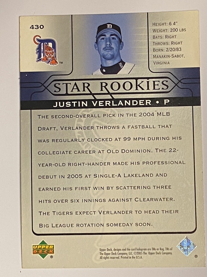 🔥JUSTIN VERLANDER ROOKIE CARD 2005 Upper Deck STAR ROOKIES RC ASTROS🔥📈 ...
