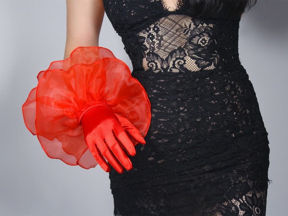 Satin Silk Gloves Wrist Short Stretch Red Mesh Tulle Organza Ruffle ...