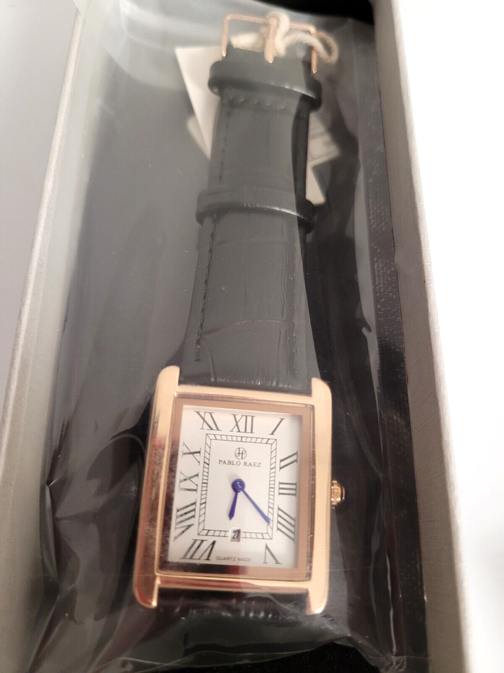 NEW IN BOX! - Pablo Raez 34mm Black Leather Rose Gold Men's Tank Watch ...