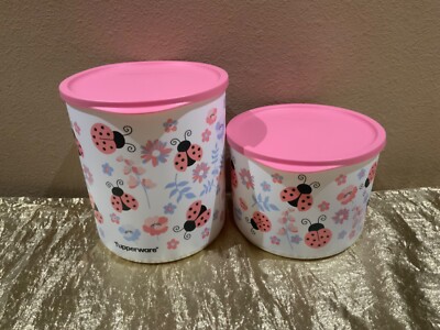 New UNIQUE Bright Tupperware Set/2 Cubix Round Pink Ladybugs Canisters ...