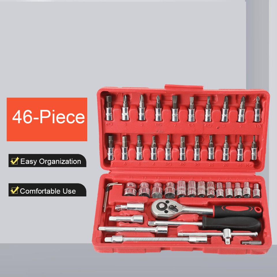 46 Pcs Socket Wrench Set 1/4" Drive Ratchet Metric Kit Garage Auto ...