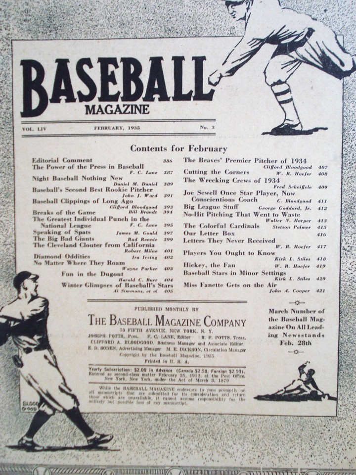 BASEBALL Magazine February 1935 Joe Cronin, Babe Ruth, Night Baseball ...