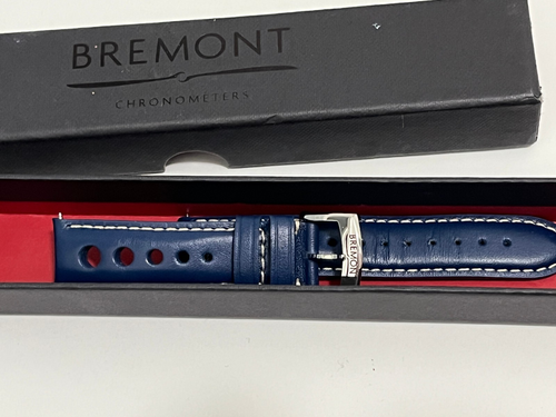 Bremont Blue Leather Watch Strap 22mm with curved ends and white ...