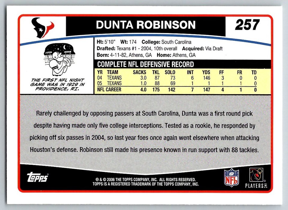 2006 TOPPS DUNTA ROBINSON HOUSTON TEXANS #257 | eBay