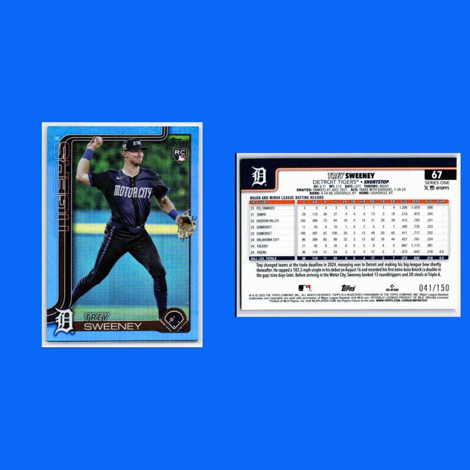 Trey Sweeney Rookie /150 #67 2025 Topps Blue Foil Detroit Tigers Baseball Card | eBay