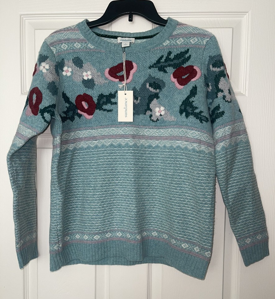 Sundance Catalog Small embroidered botanic sweater ~ aqua wool ~ so ...