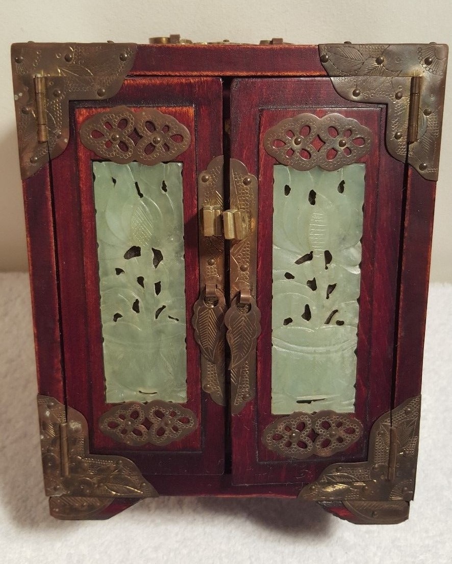 VTG Oriental Chinese Wood Jewelry Box with Brass & Ornate carved Jade ...