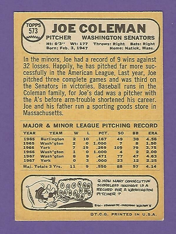 1968 Topps - #573 Joe Coleman - Washington Senators - Ex | eBay