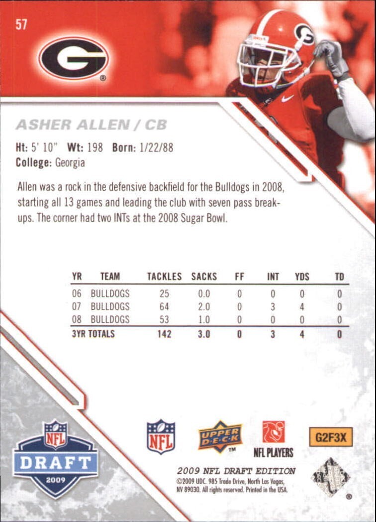 2009 Upper Deck Draft Edition #57 Asher Allen Rookie Football Card | eBay