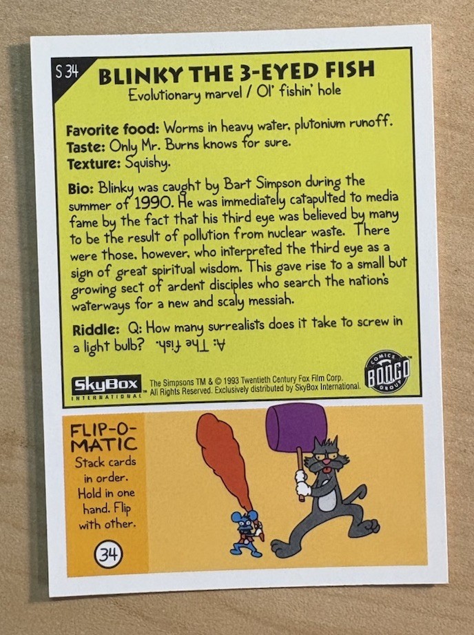 Blinky The 3-Eyed Fish 1993 Skybox Simpsons Character Card #S34, NM-MT ...