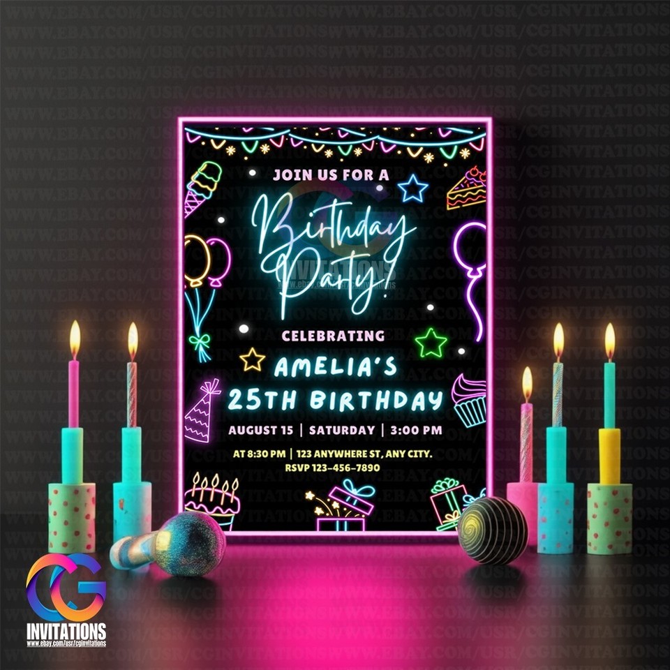 EDITABLE Neon Birthday Party Invitation Template, Glow Party Template ...