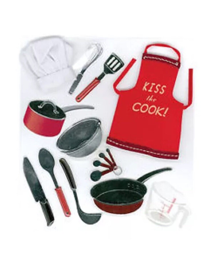 Jolees Kiss The Cook Apron Pots Pans Chef Hat Measuring Spoons Cooking ...