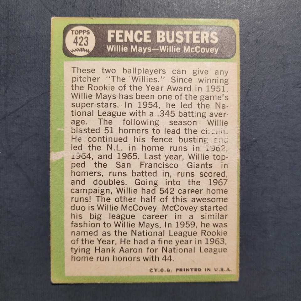 1967 Topps # 423 Fence Busters Baseball Card, Giants, Mays, McCovey | eBay