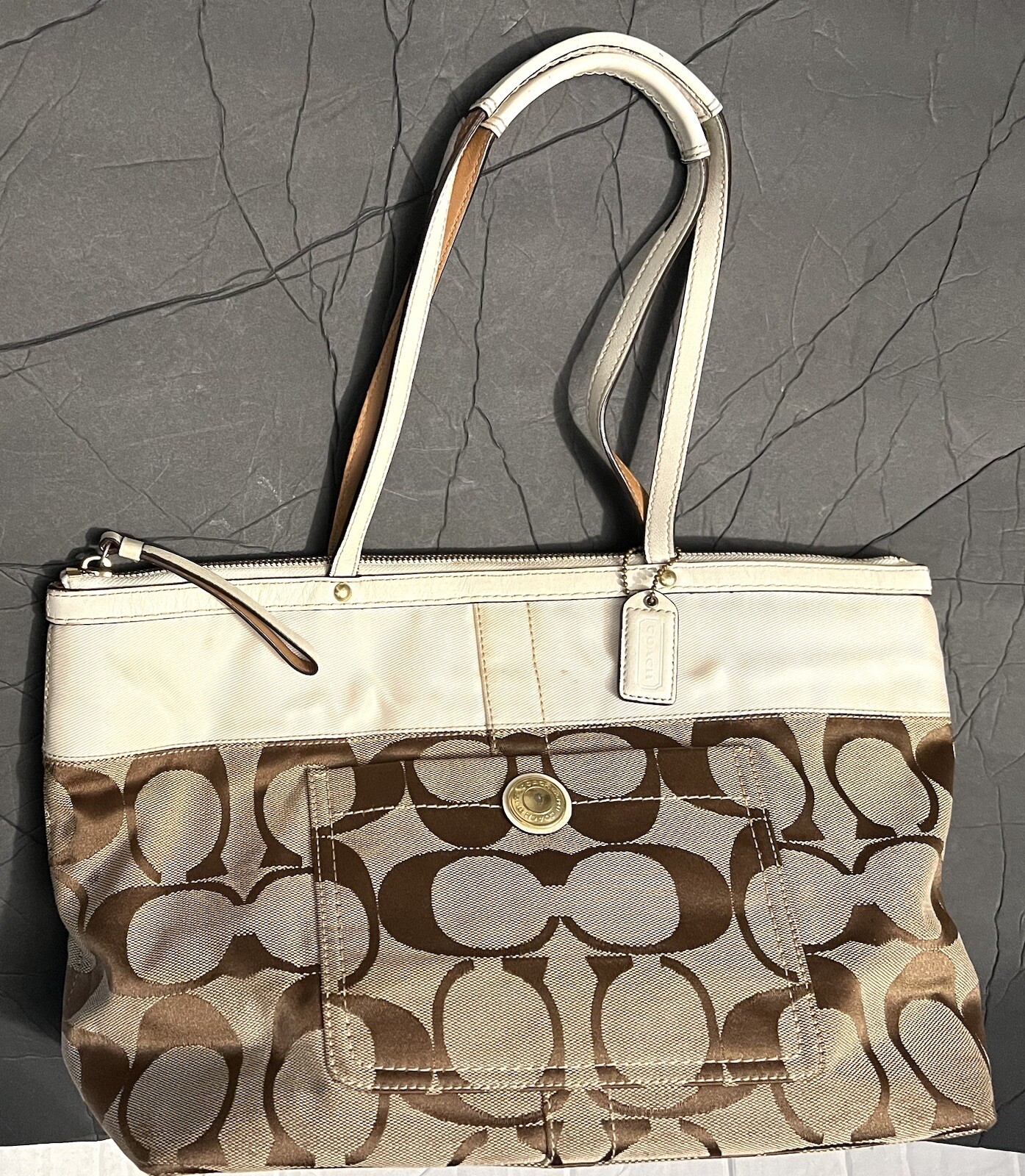 COACH SIGNATURE WHITE STRIPED SHOULDER TOTE BAG GOLDE… - Gem