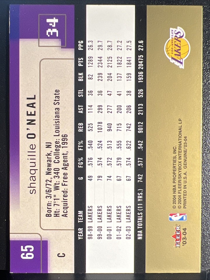 2003-04 Fleer Genuine Insider Shaquille O'Neal 65 Los Angeles Lakers | eBay
