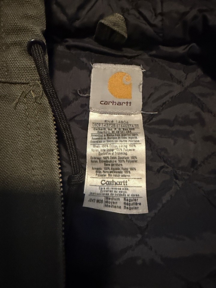 VTG Carhartt Jacket Mens Medium Green J25 MOS Hooded Zip Thermal Lined ...