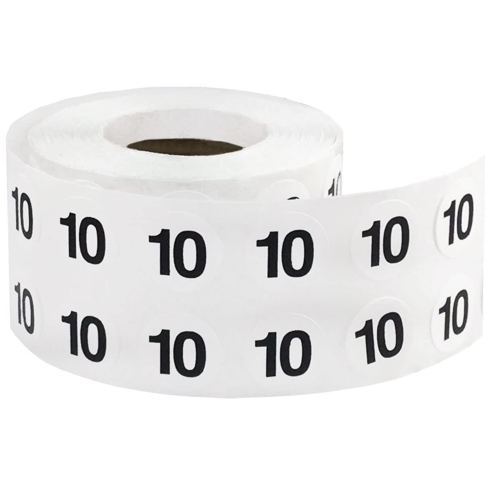 1/2" Inch Number 10 Stickers, Semi-Gloss White Round Labels with Black ...