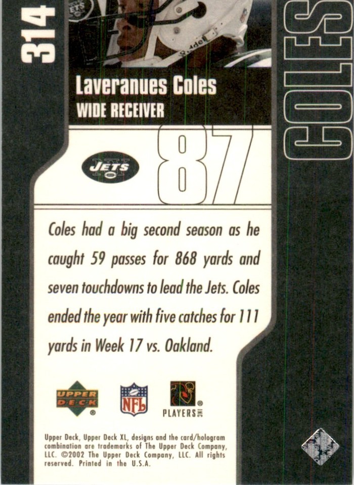 2002 Upper Deck XL Laveranues Coles New York Jets #314 NFL Football | eBay