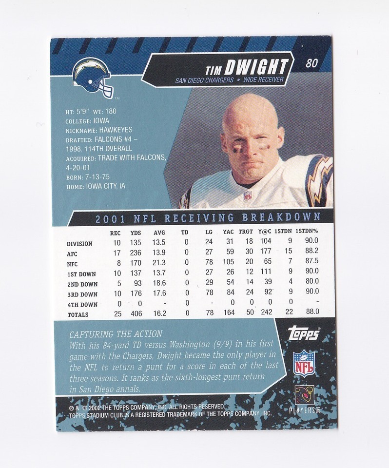 2002 Stadium Club #80 Tim Dwight San Diego Chargers Iowa Hawkeyes | eBay