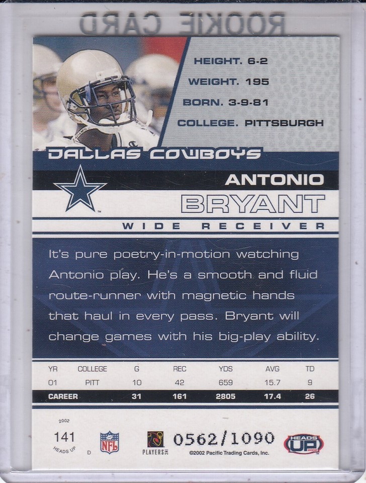 ANTONIO BRYANT 2002 Pacific Heads Up #141 RC 562/1090 Pitt Panthers ...