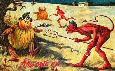 Fabric Block Vintage Halloween Devil Warlock Pitchfork | eBay