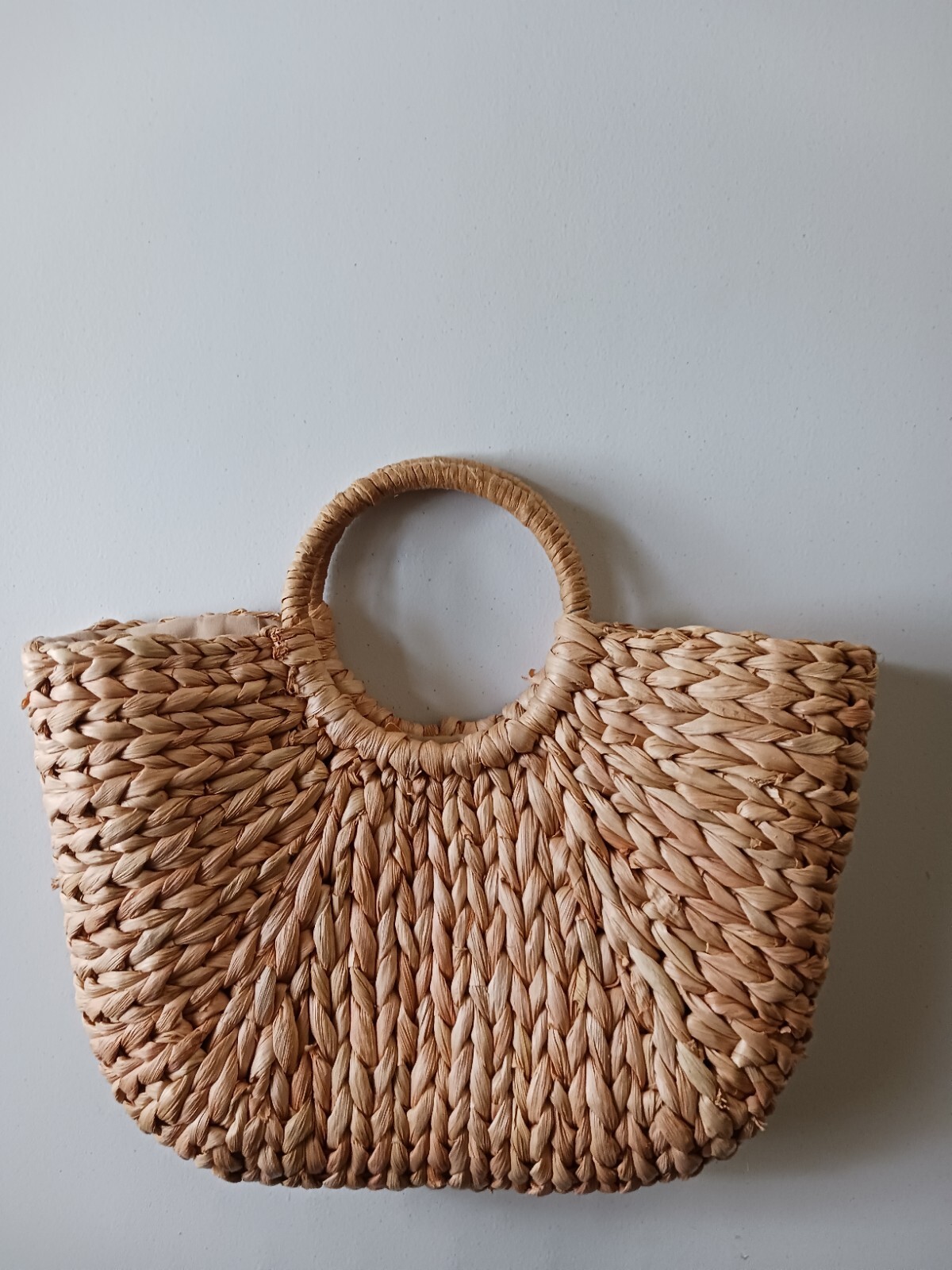 Vintage Straw Woven Tote Rattan Round Top Handle Drawstring Lining ...