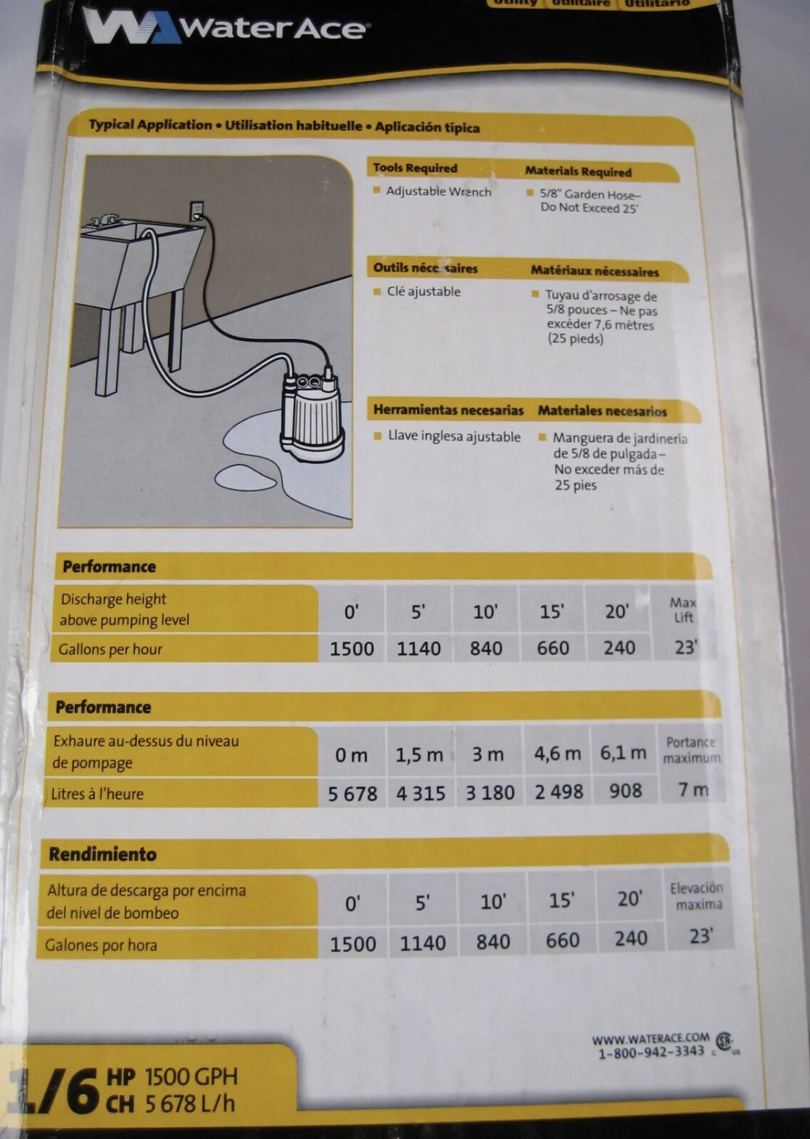 WaterAce /Water Ace Portable Submersible 1/6 Hp ,utility pump. 1500 GPH ...