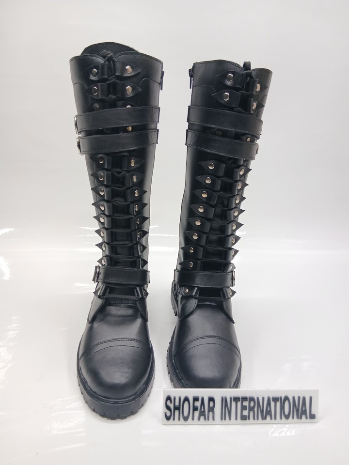 Black Leather Gothic Punk Rock Boots with Straps and Studded Design | eBay