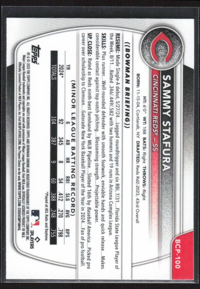 2025 Bowman #BCP-100 Sammy Stafura Chrome Prospects Cincinnati Reds 1st ...
