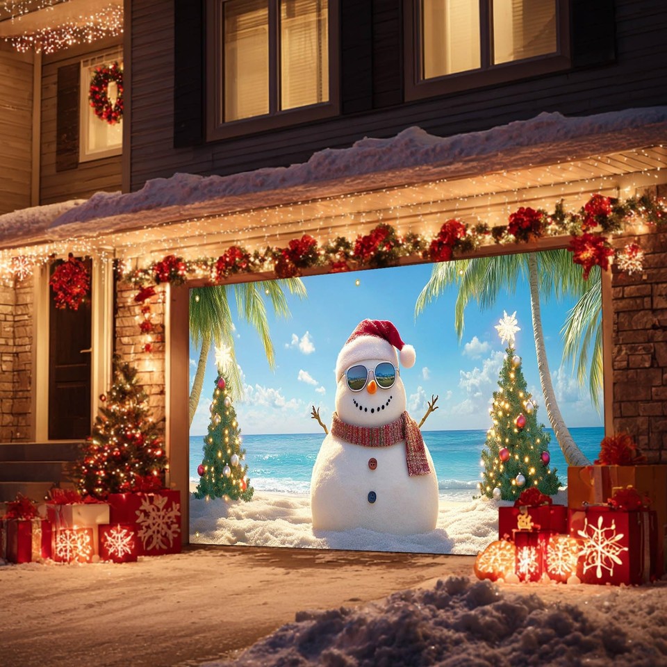 Christmas Garage Door Banner 13x6ft Beach Snowman Tropical Christmas ...