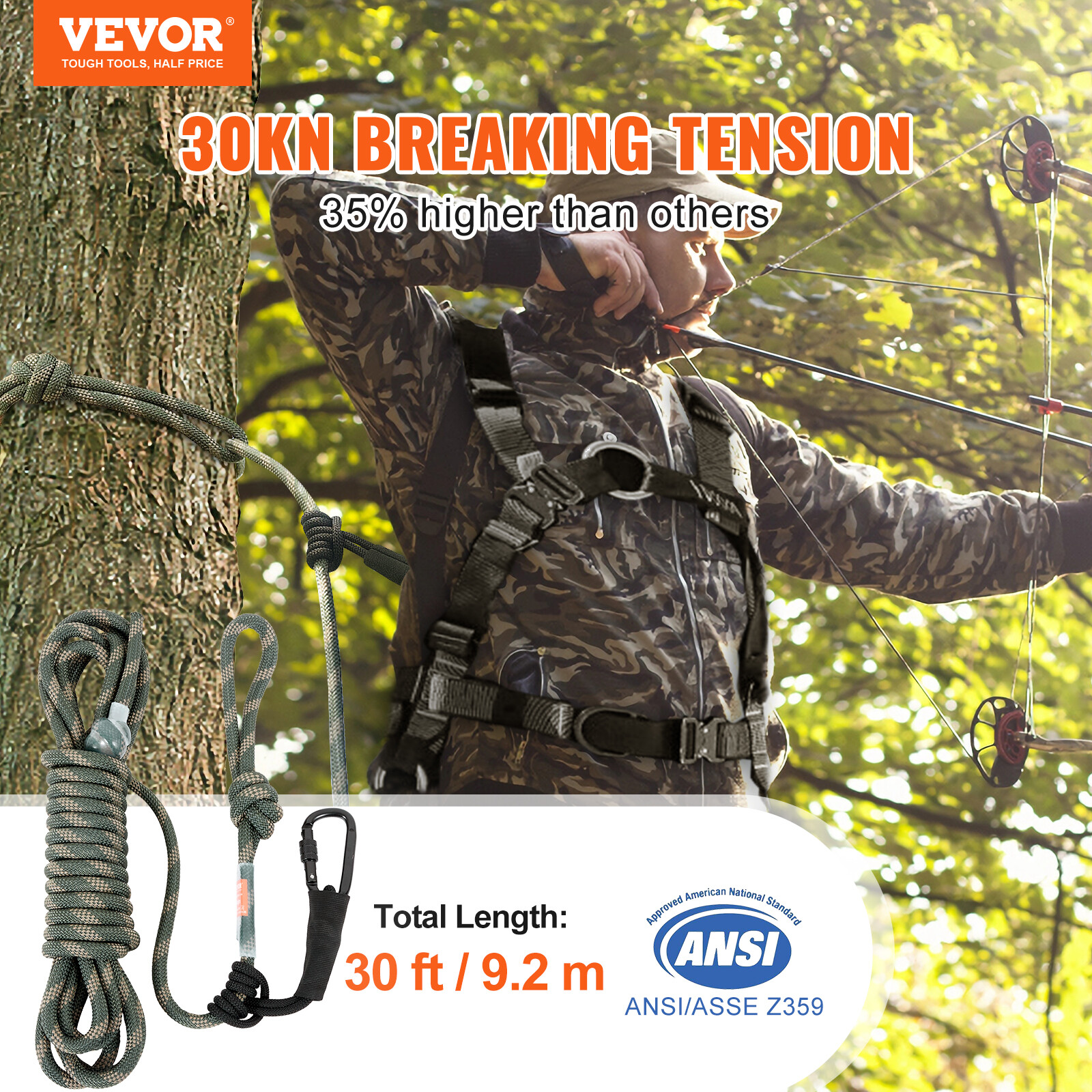 VEVOR Tree Stand Safety Rope 30 ft/91.44 m Treestand Lifeline Rope 0.6 ...