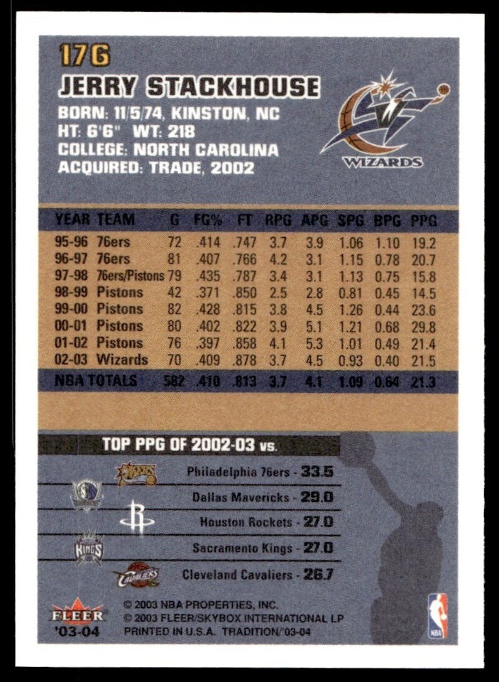 2003-04 Fleer Tradition Jerry Stackhouse G30 Washington Wizards #176 | eBay