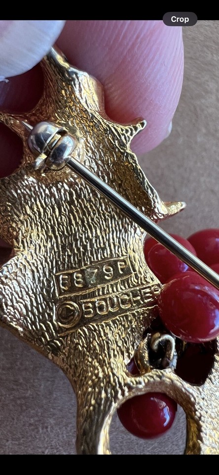 Vintage BOUCHER Holly Mistletoe Red Green Gold Christmas Holiday Brooch ...